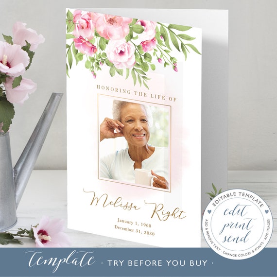 Pink roses Funeral Program Template Celebration of life | Etsy