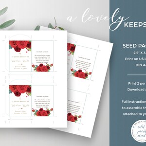 Red Roses Seed Packet for Funeral, Memorial Seed Packet Template for ...
