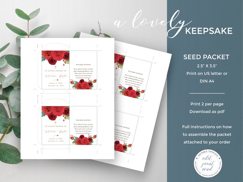 Red Roses Seed Packet for Funeral Memorial Seed Packet - Etsy