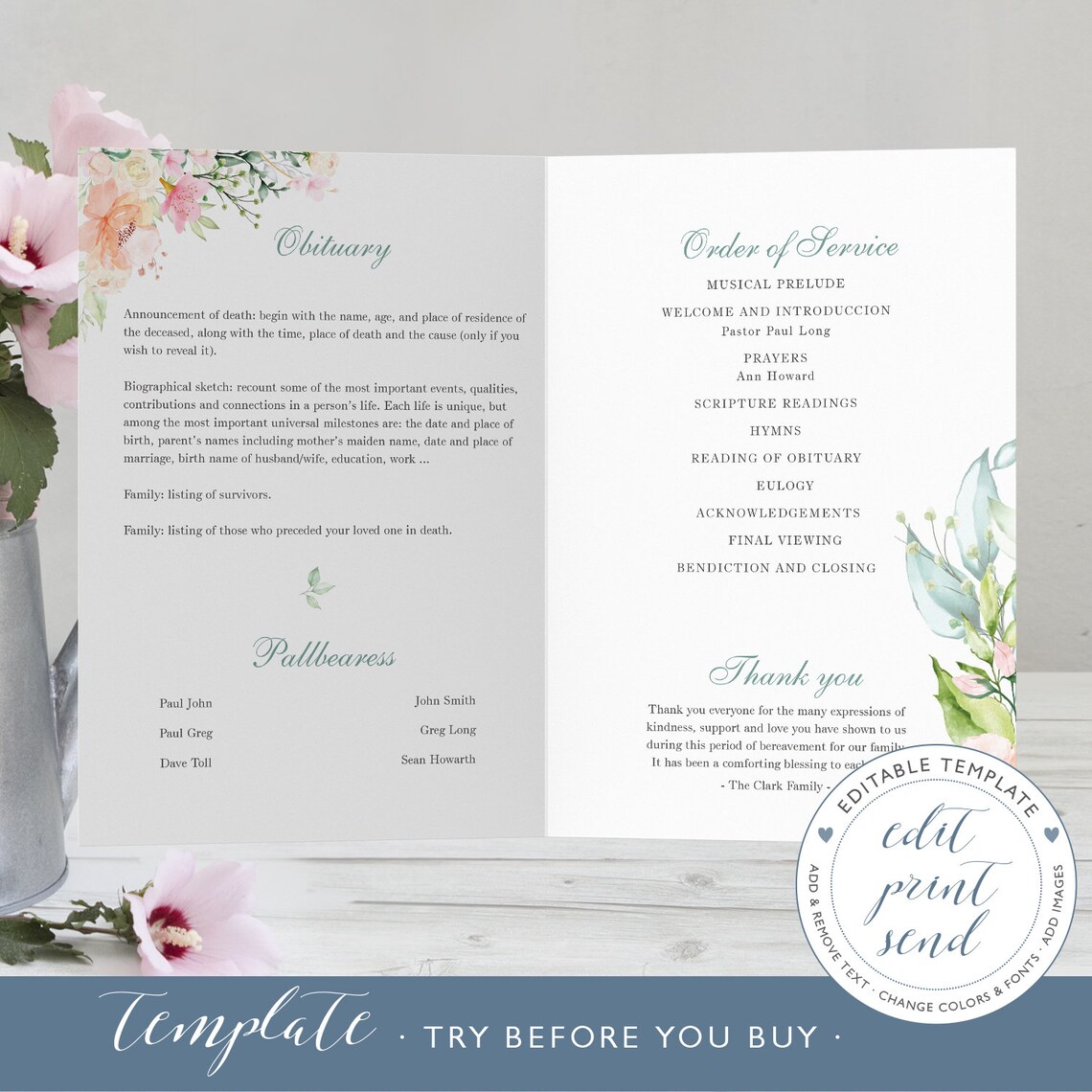 Watercolor Floral Funeral Program Celebration of Life Floral | Etsy