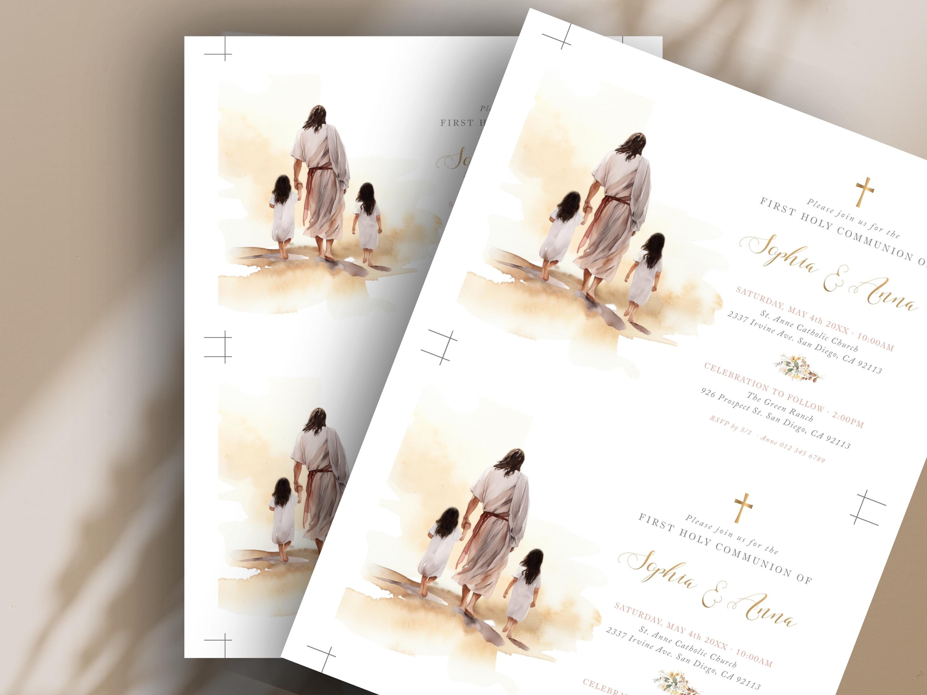 First Holy Communion Invitation Twin Girls With Jesus , EDITABLE ...