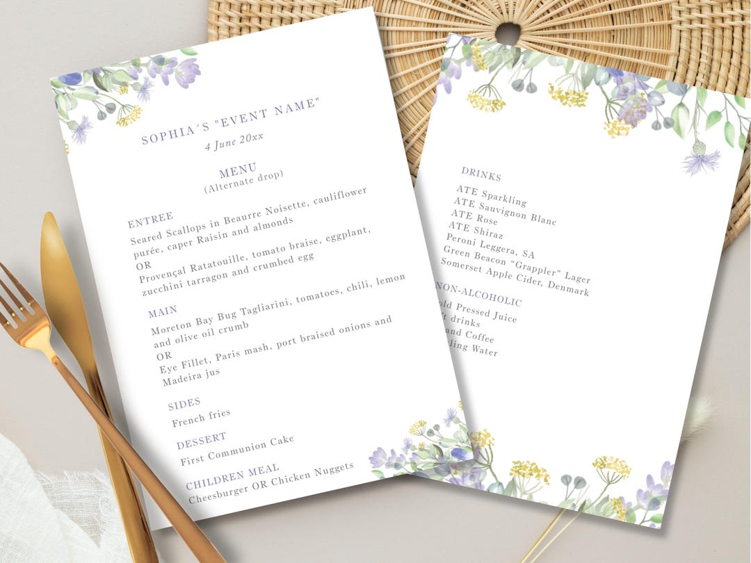 Editable Menu for Girl With Lavender Flowers, Multi-event, First ...
