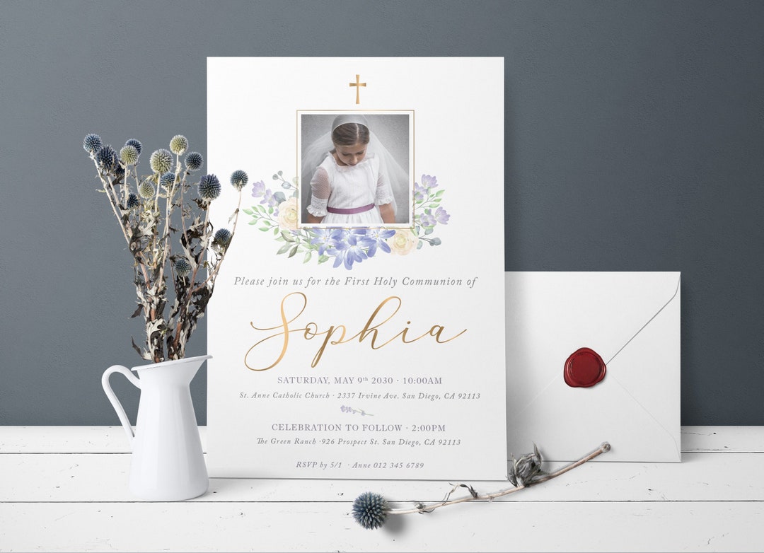 Lavender First Communion Photo Invite for Girl, Holy Communion ...