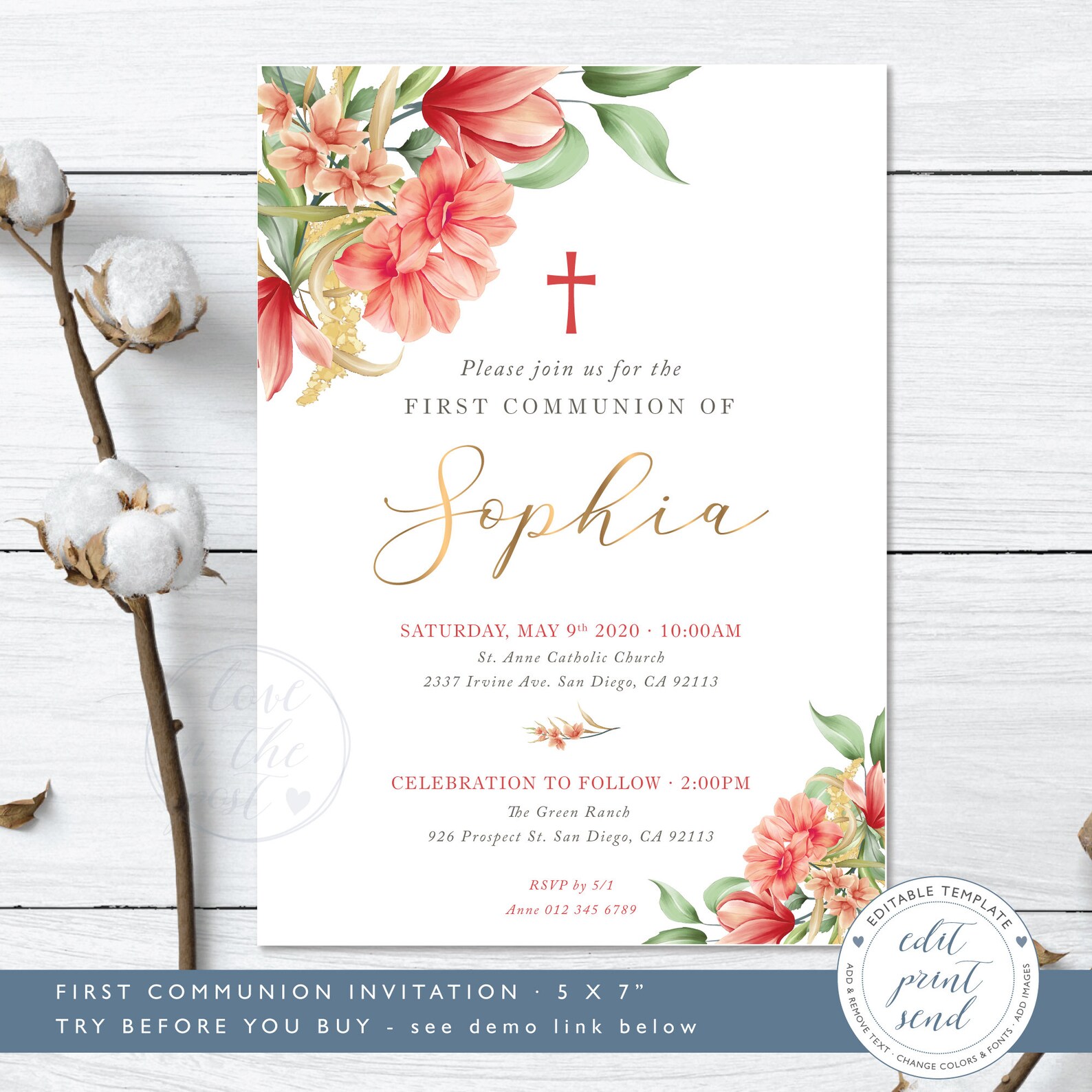 Floral first communion template for girl Holy communion | Etsy