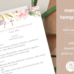 Pink and Gold First Communion Menu Template for Girl, Editable Table ...