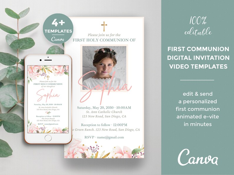 Digital First Communion Invitation Template Comunion Video | Etsy