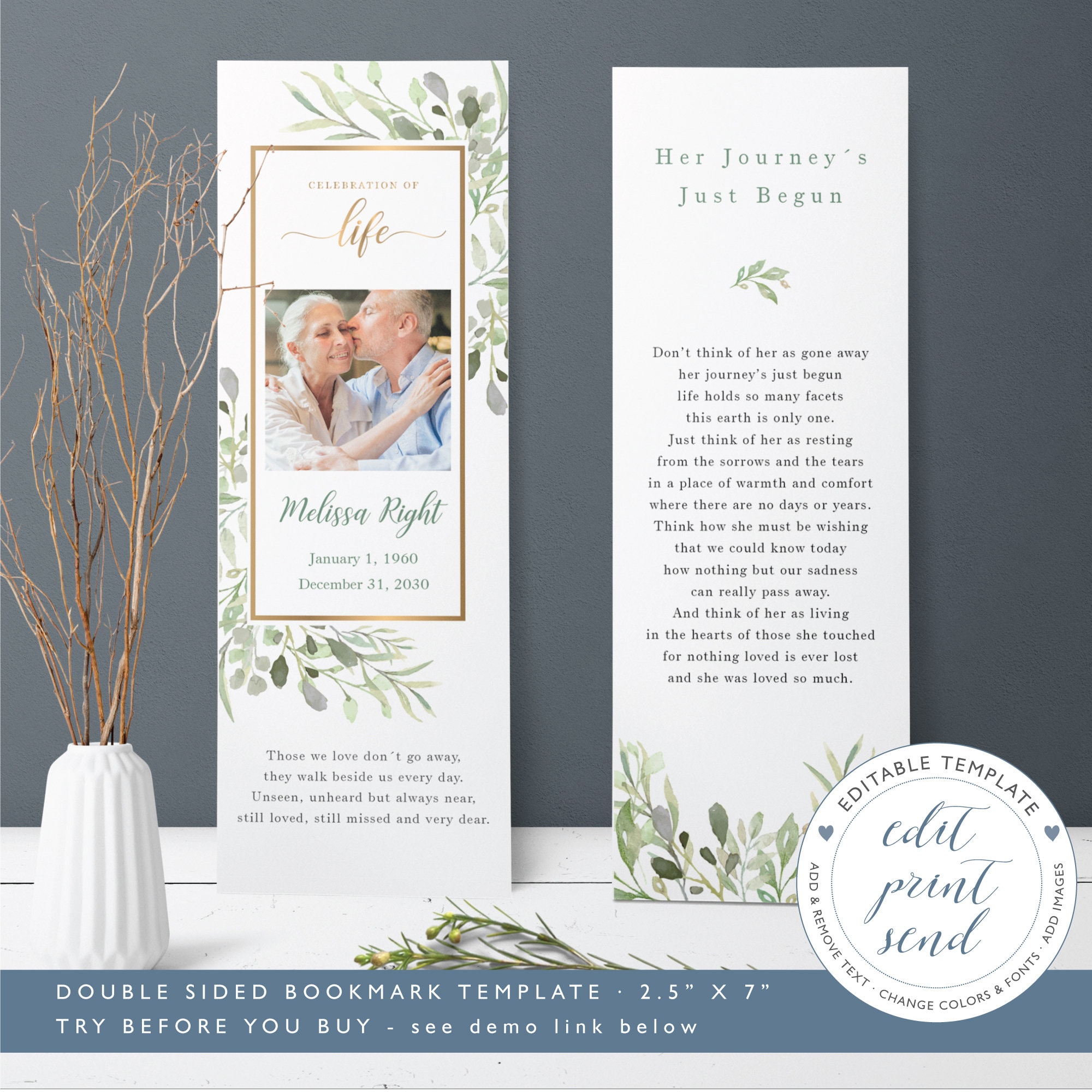 Greenery Gold Memorial Card for Remembrance, Celebration of Life Floral ...