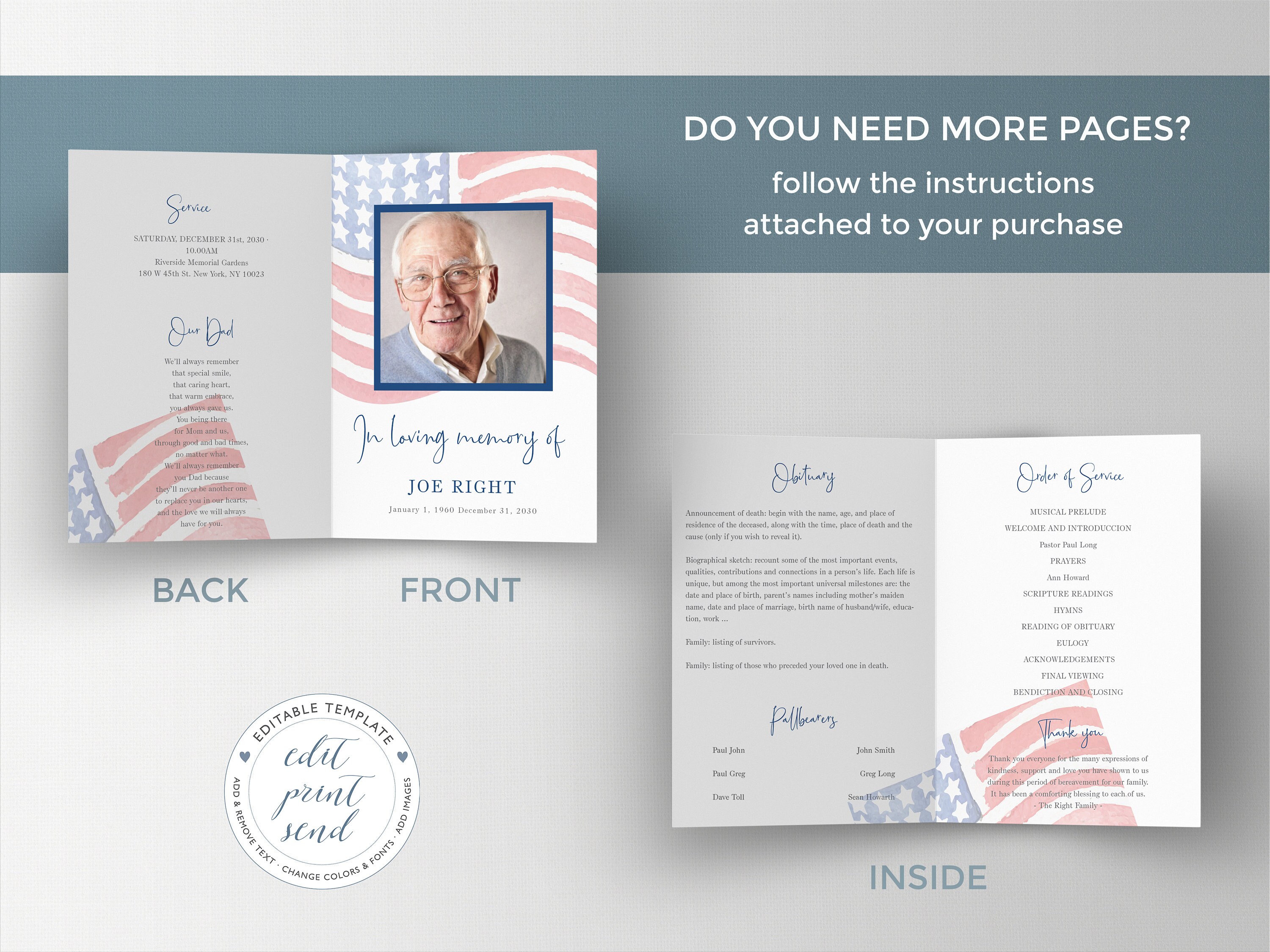 American Flag Funeral Program Template - Editable Patriotic Celebration ...