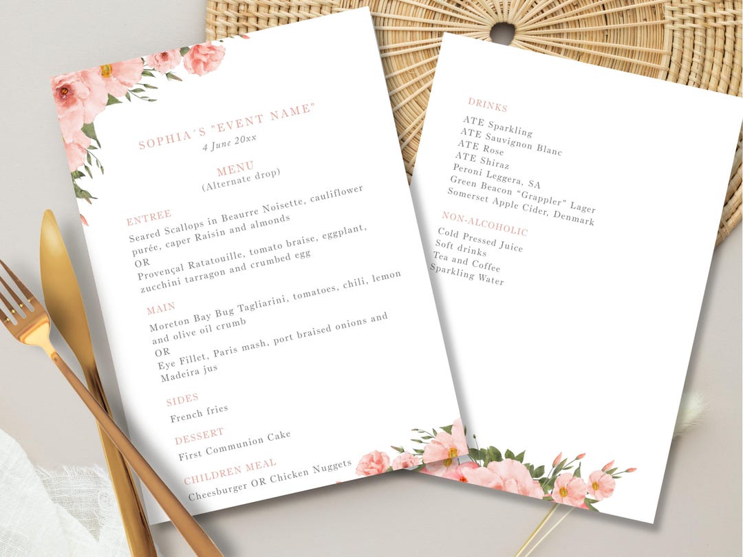 Editable Menu for Girl With Prink Flowers, Multi-event, First Communion ...