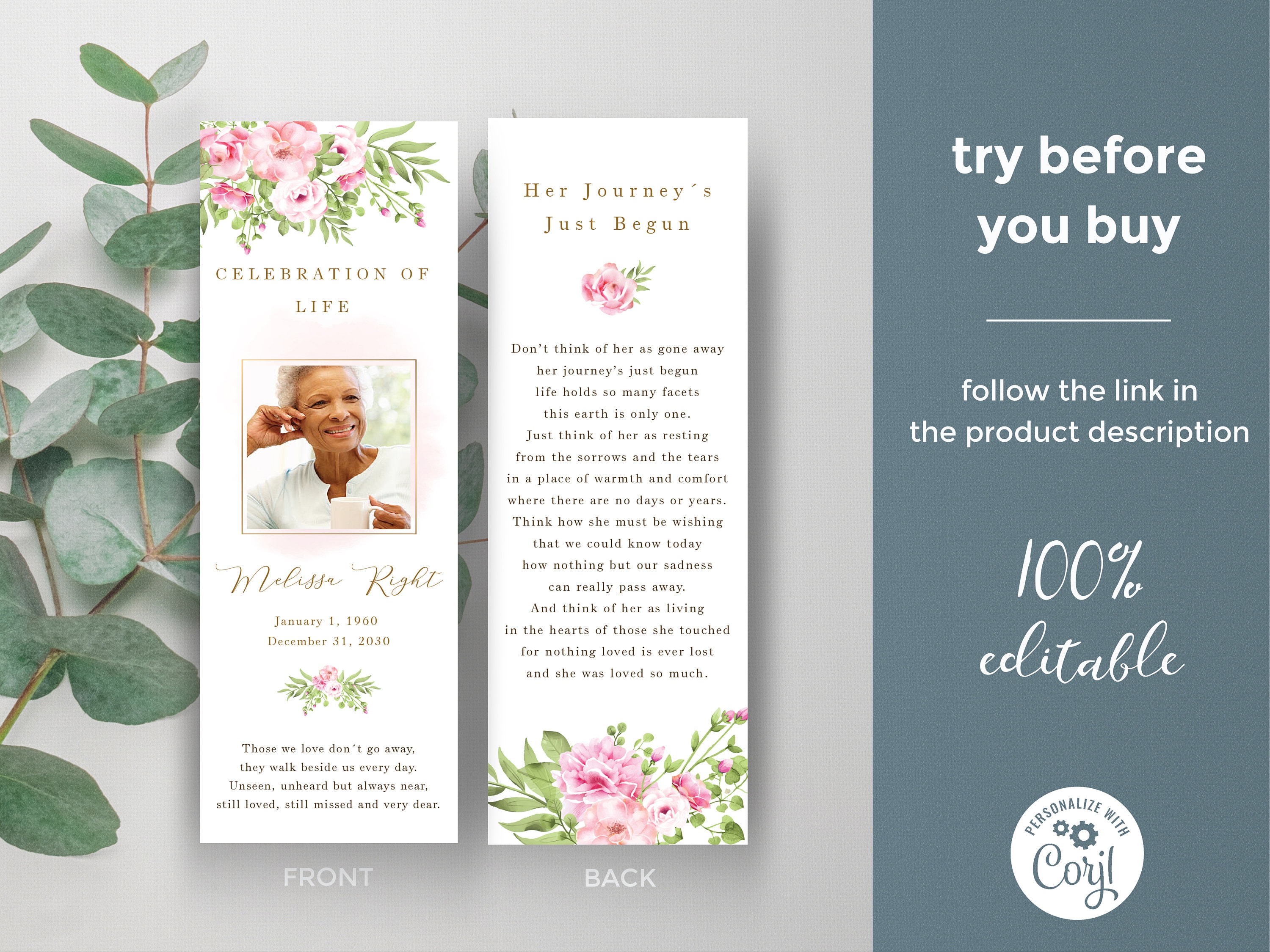 Pink Roses Memorial Card for Remembrance, Celebration of Life Floral ...