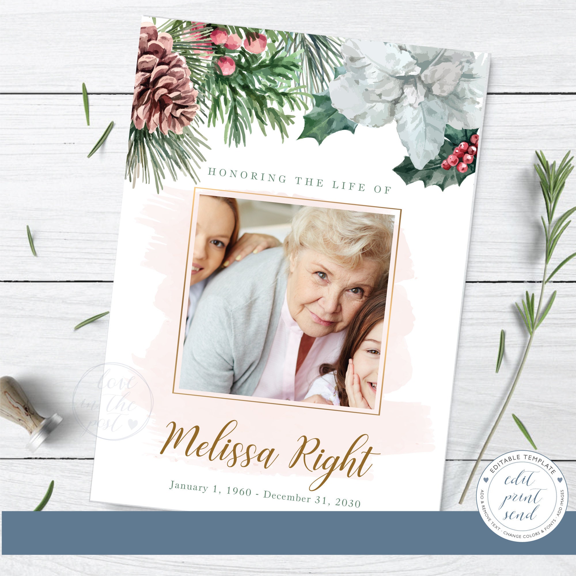 Christmas Funeral Announcement Template Memorial Service - Etsy