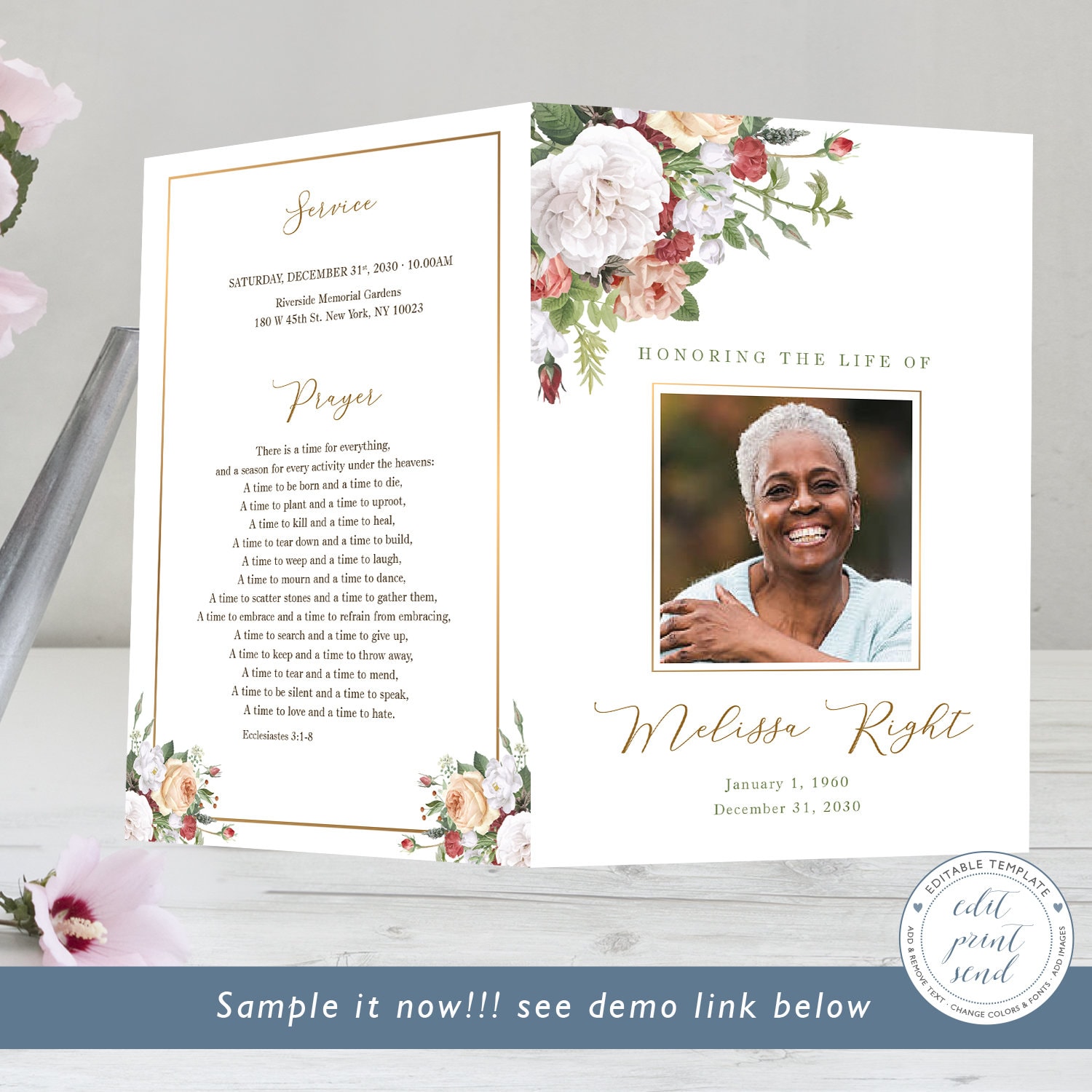 Roses Funeral Program Template Celebration of life floral | Etsy