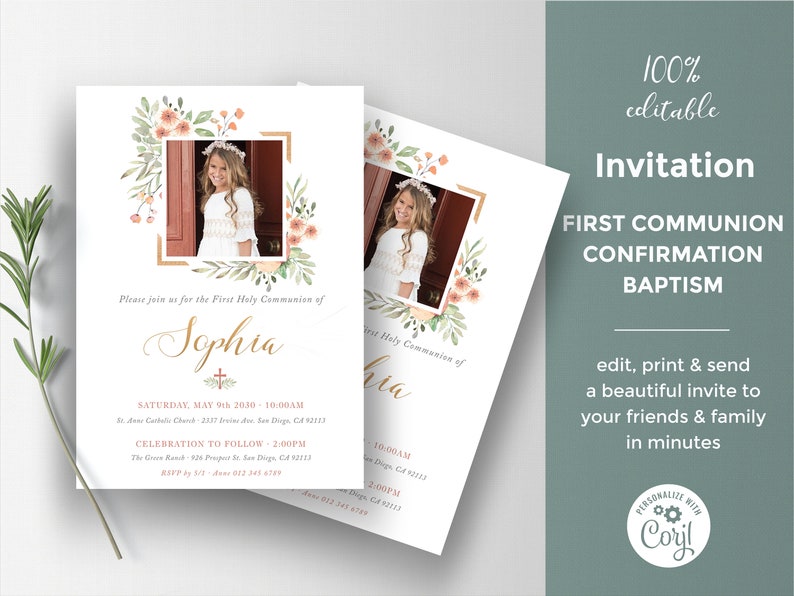 Terracotta First Communion Invitation With Photo, Girl First Holy ...