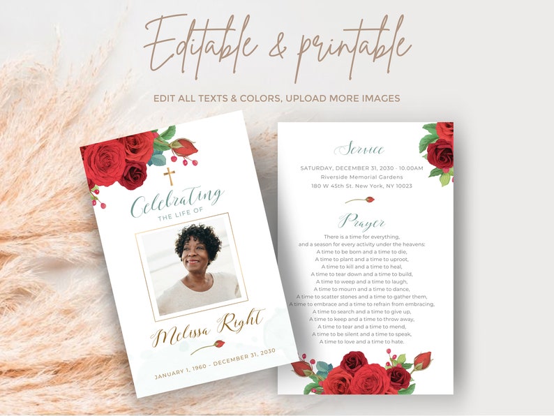 Red Roses Funeral Program Template for Woman Editable Funeral - Etsy