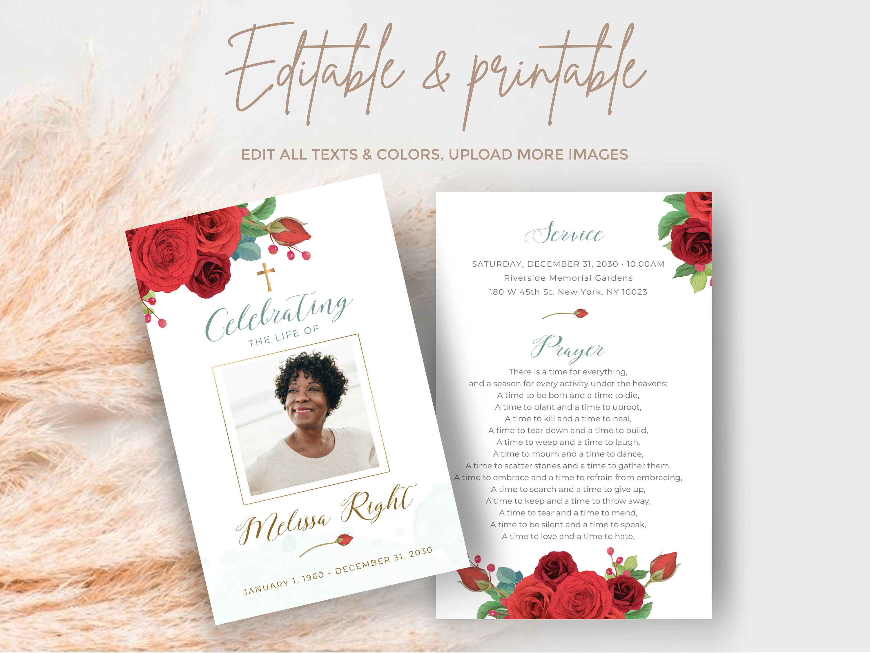 Red Roses Funeral Program Template for Woman Editable Funeral - Etsy ...