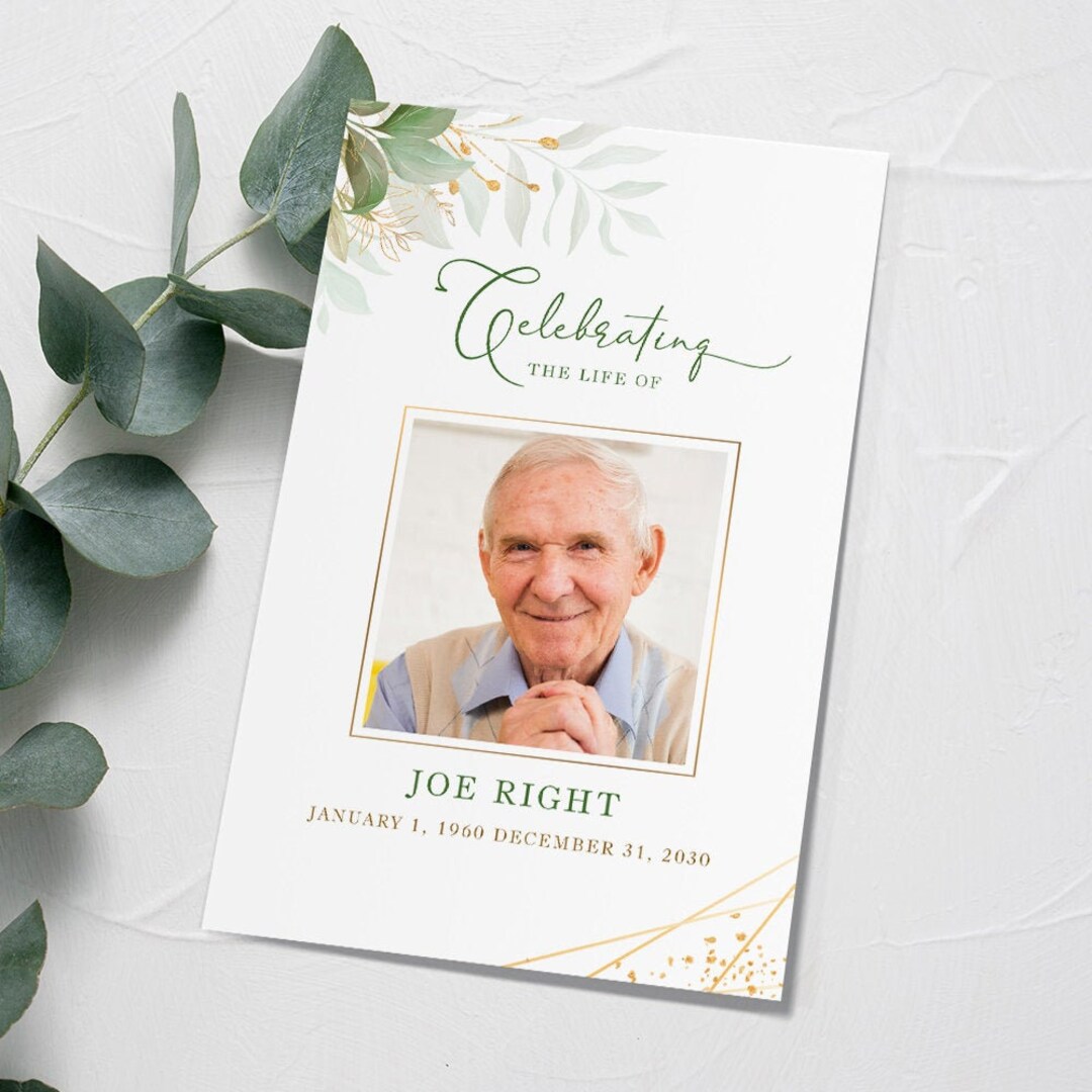 Funeral Program Template for Man, Greenery Gold Memorial Program ...