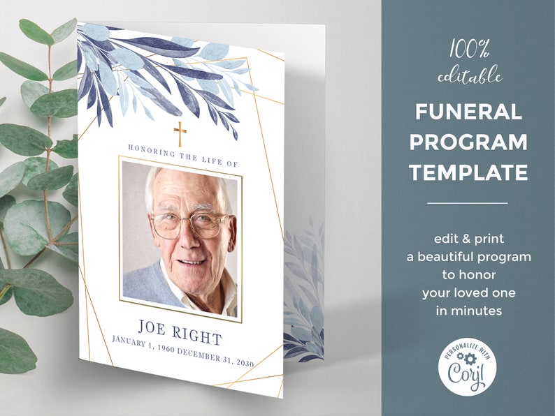 Funeral Program Template for Man, Blue and Gold Memorial Program ...