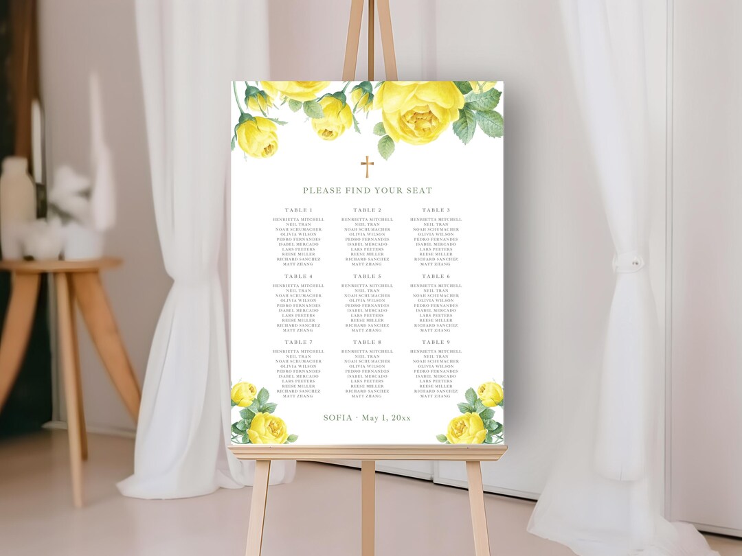 Yellow Roses First Holy Communion Seating Chart Template, Editable Seat ...
