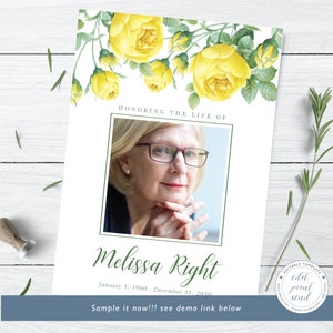 Yellow Roses Memorial Service Announcement Template, Celebration of ...