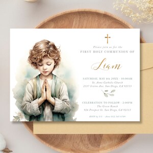 Boy First Holy Communion Illustrated Invitation Template, Boy Praying ...