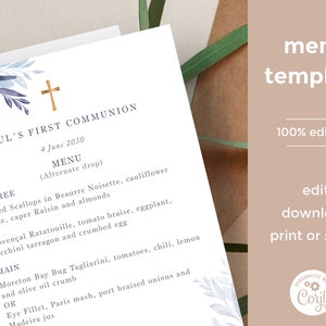Blue Leaves First Communion Menu Template for Boy, Editable Table ...