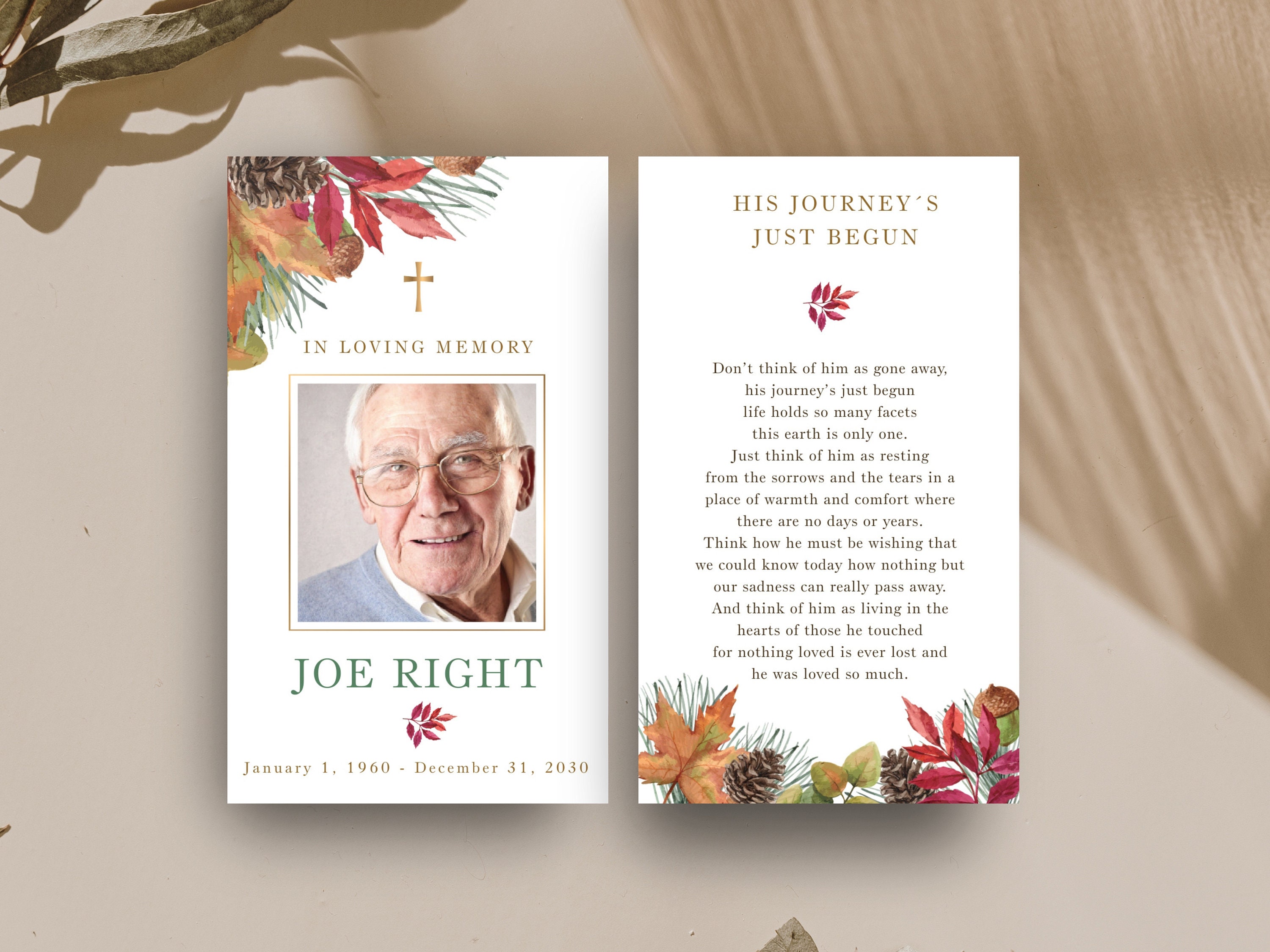 Fall Funeral Prayer Card for Man, Memorial Card for Remembrance ...