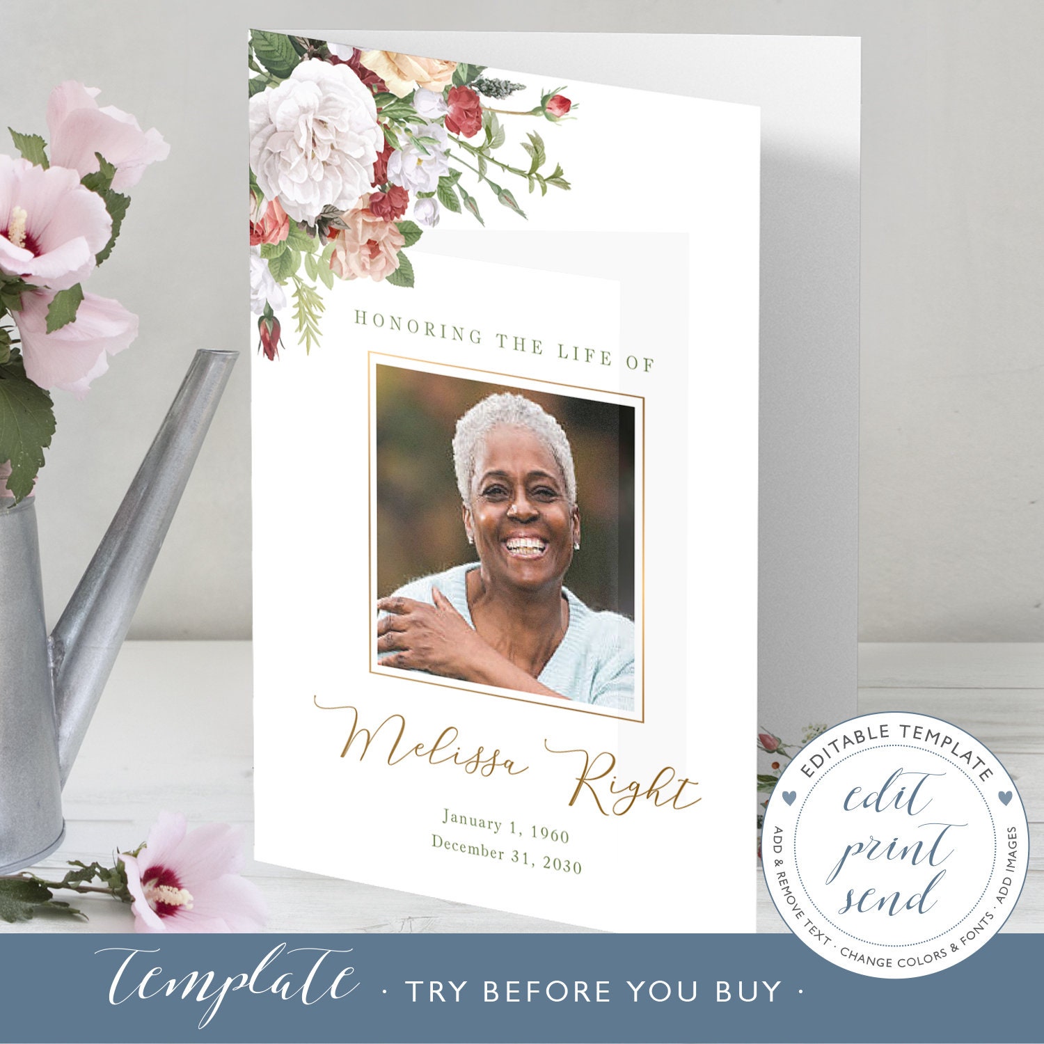 Roses Funeral Program Template, Celebration of Life Floral Program ...