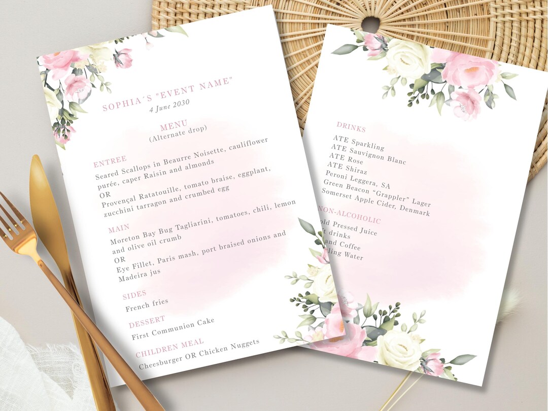 Editable Menu for Girl With Prink Flowers, Multi-event, First Communion ...