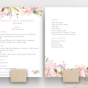 Pink and Gold First Communion Menu Template for Girl, Editable Table ...