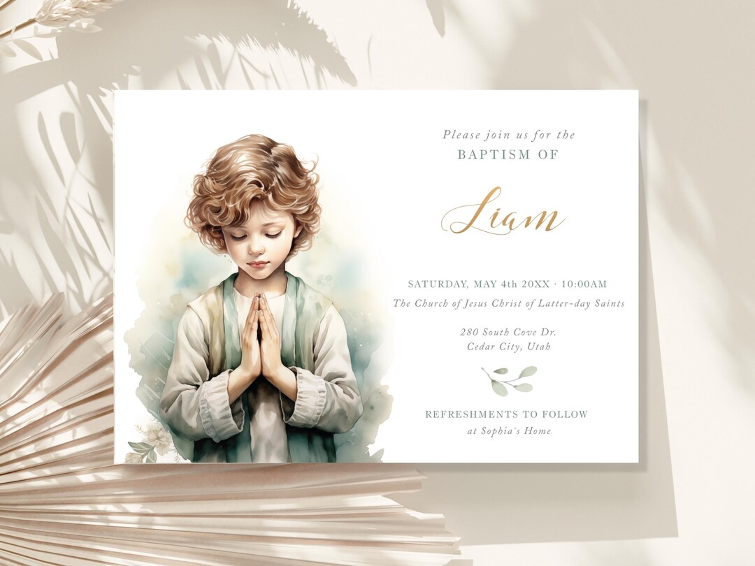 LDS Baptism Invitation Template for Boy, Boy in Prayer, LDS Baptism ...