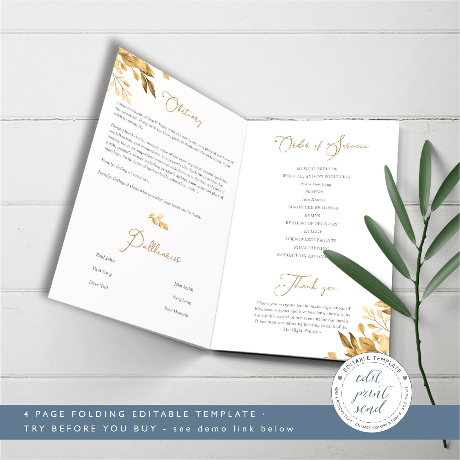 Gold Funeral Program Template for Man, Masculine Memorial Program ...