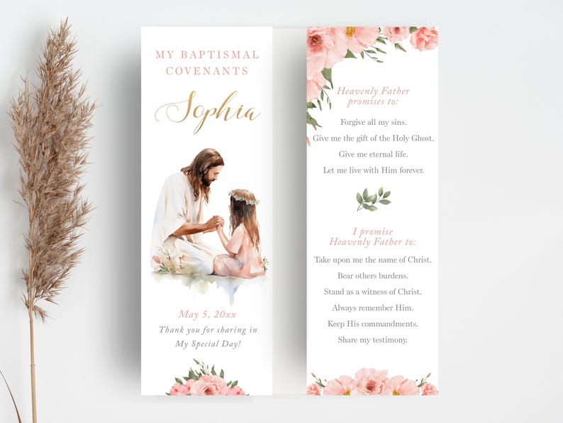 Editable LDS Bookmark for Girl, Baptismal Covenants Template, Jesus and ...