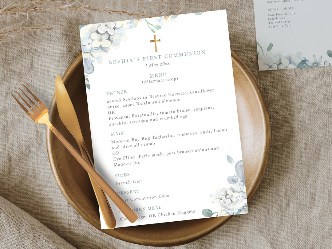 Teal First Communion Menu Template for Girl, Editable Table Decoration ...