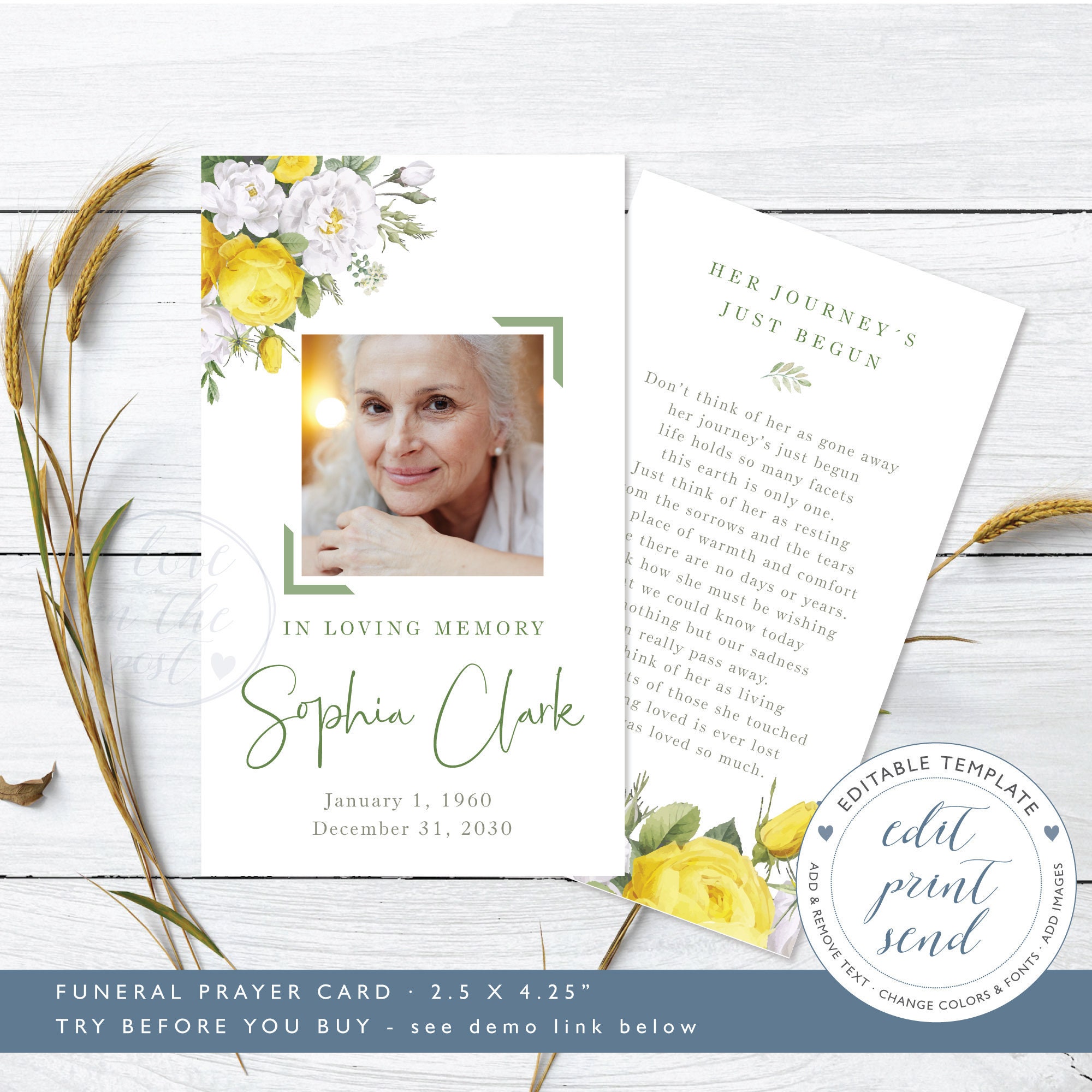 Yellow Roses Memorial Card for Remembrance Funeral Prayer - Etsy