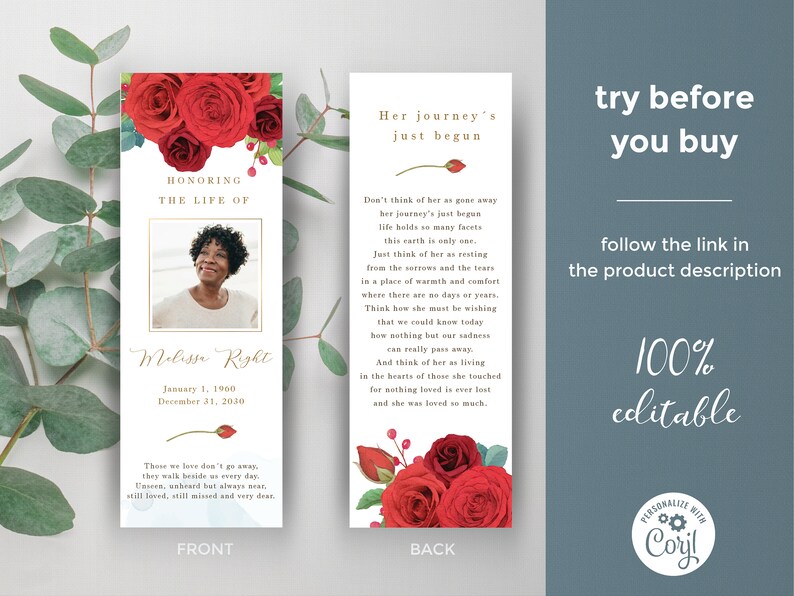 Memorial Keepsake With Red Roses Celebration of Life Floral - Etsy