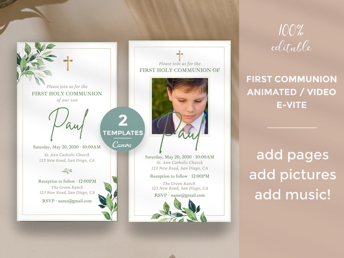 Digital First Communion Invitation Template for Boy, Animated ...