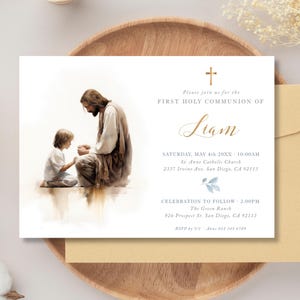 Boy First Holy Communion Invitation, Jesus Christ and Boy Illustration ...