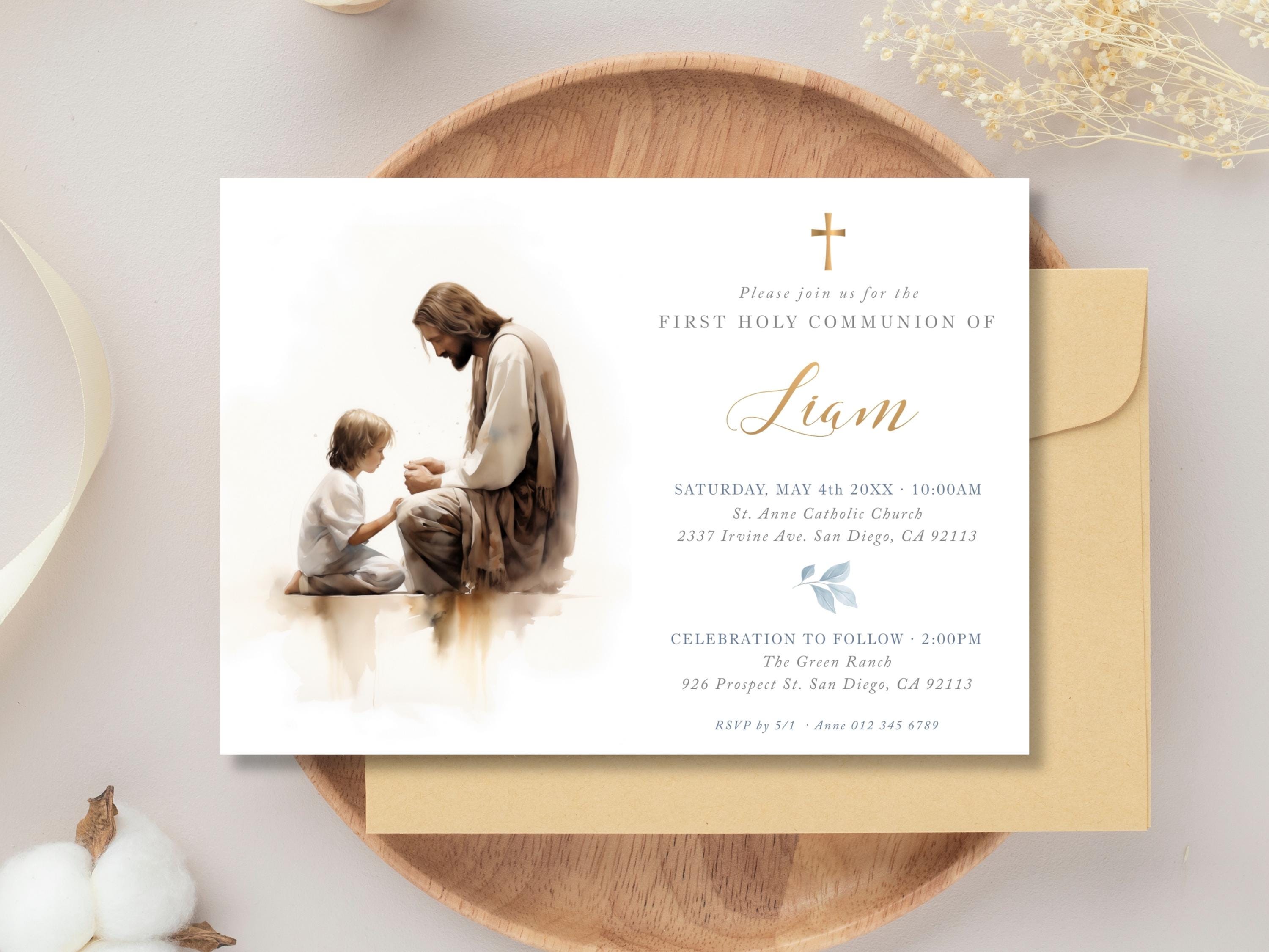 Boy First Holy Communion Invitation, Jesus Christ and Boy Illustration ...