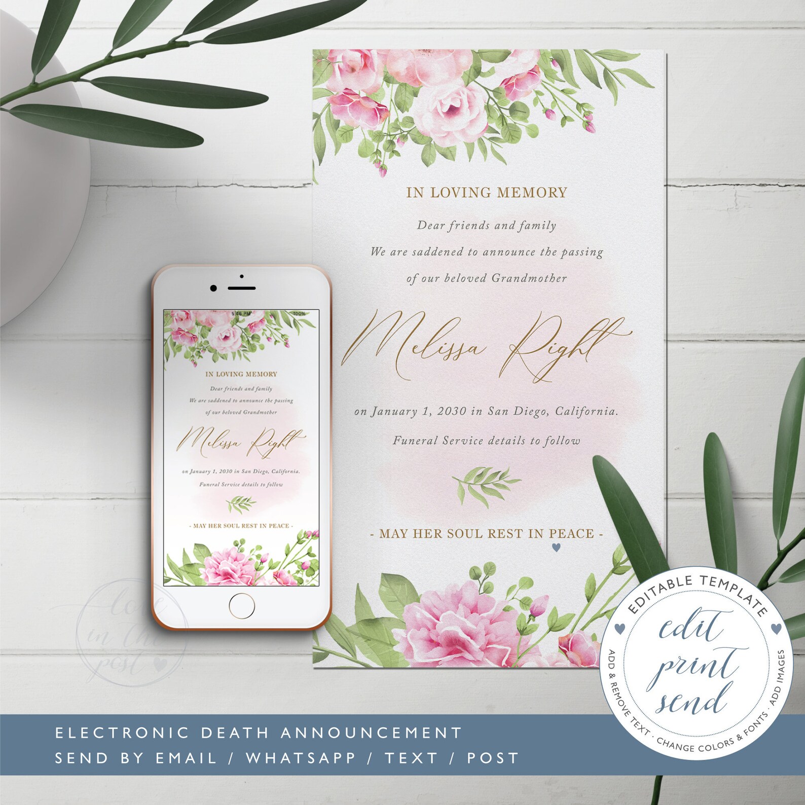 Digital Death Announcement Template Electronic Death | Etsy