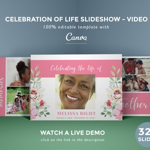 Floral Celebration of Life Slideshow, Memorial Video Template for Woman ...