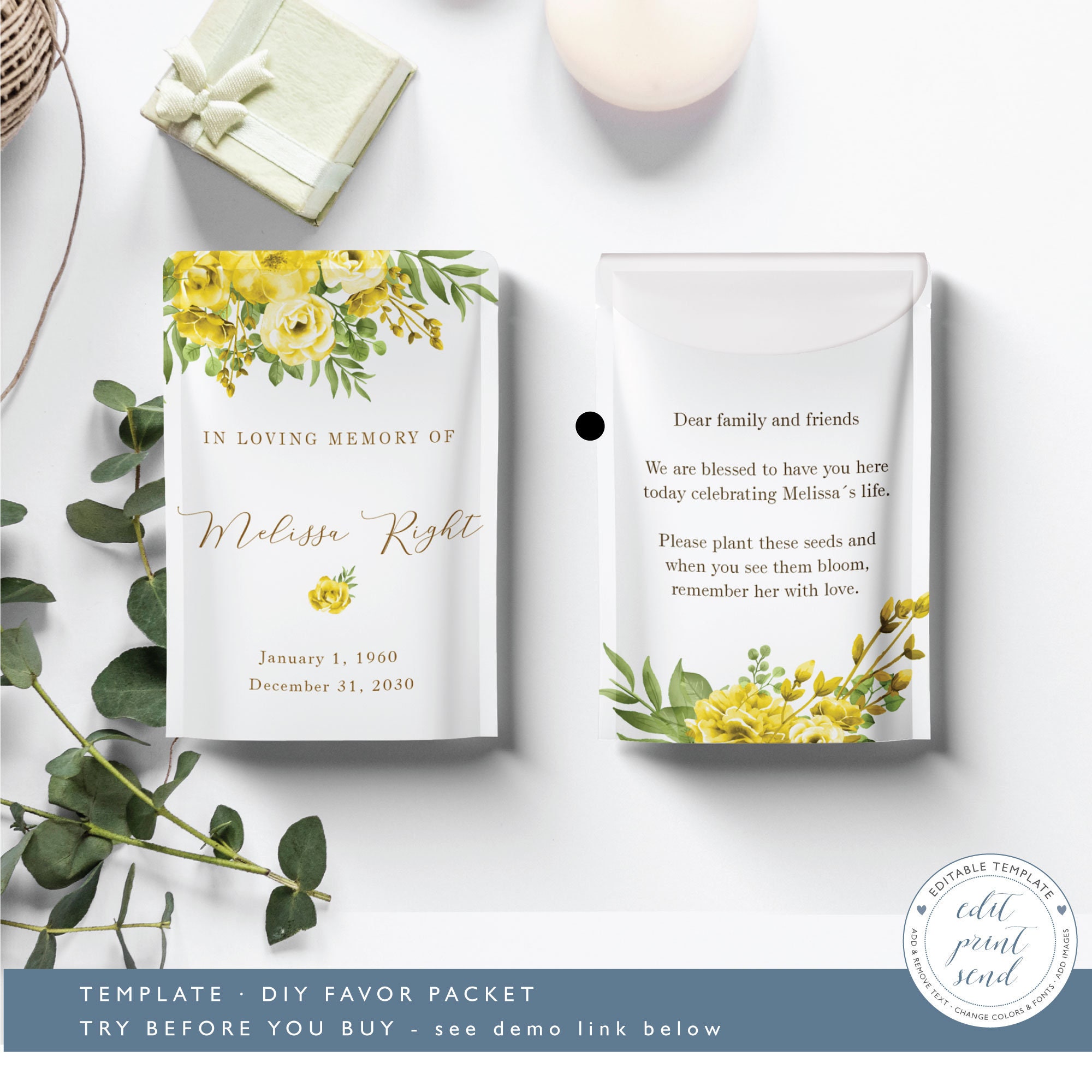 Yellow Roses Seeds Packet for Funeral Memorial Seed Packets - Etsy