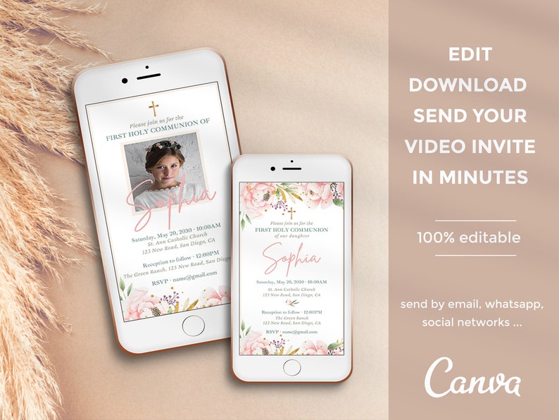 Digital First Communion Invitation Template Comunion Video - Etsy