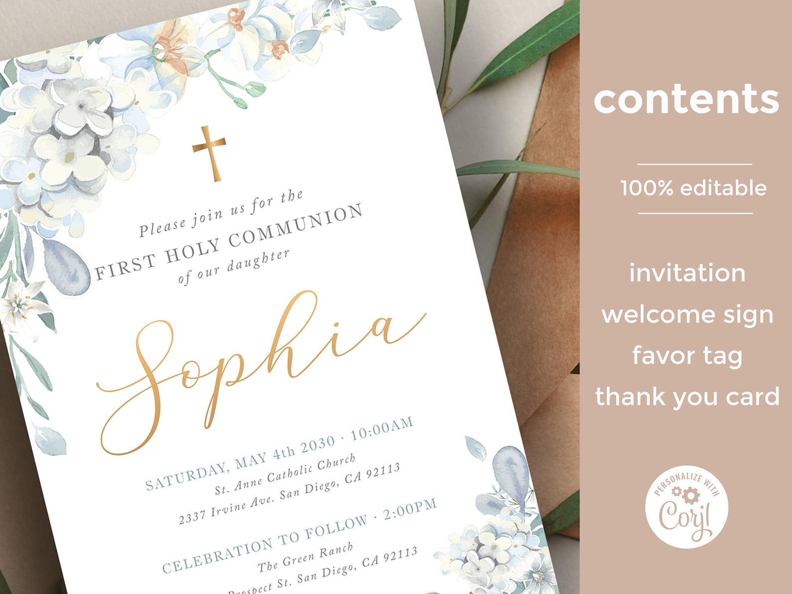 Teal First Communion Templates Set for Girl, Holy Communion Invitation ...
