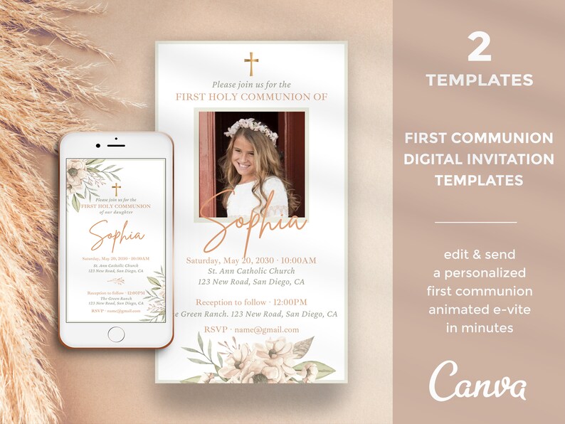Ivory Digital First Communion Invitation Template Video - Etsy