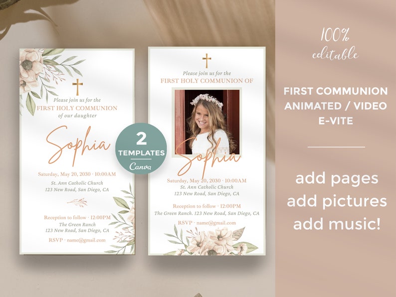 Ivory Digital First Communion Invitation Template Video - Etsy