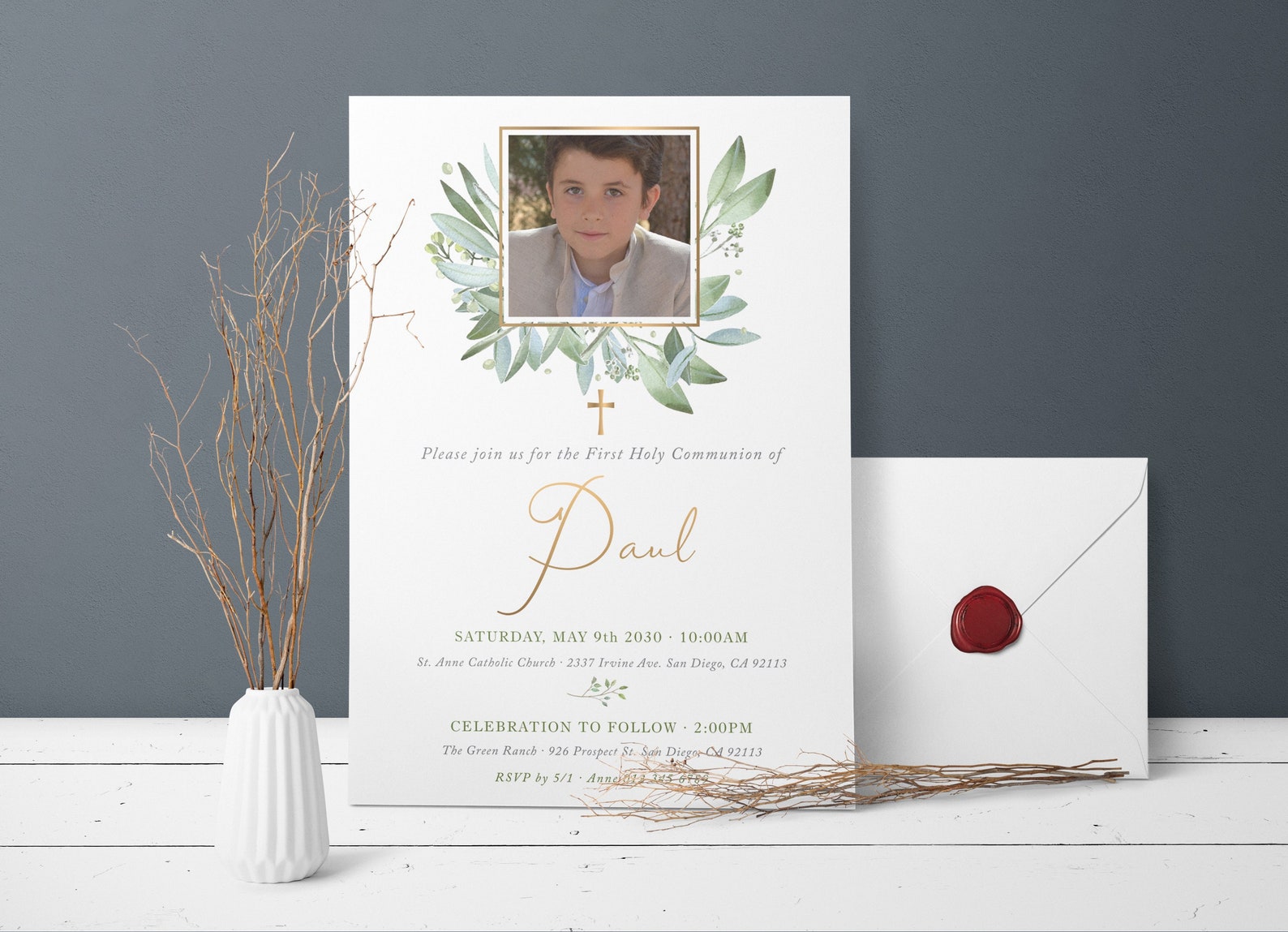 Boy First Communion Photo Invitation With Olive Branches, Holy ...
