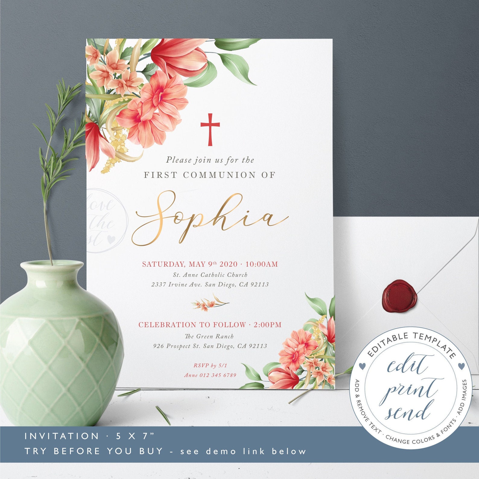 Floral first communion template for girl Holy communion | Etsy