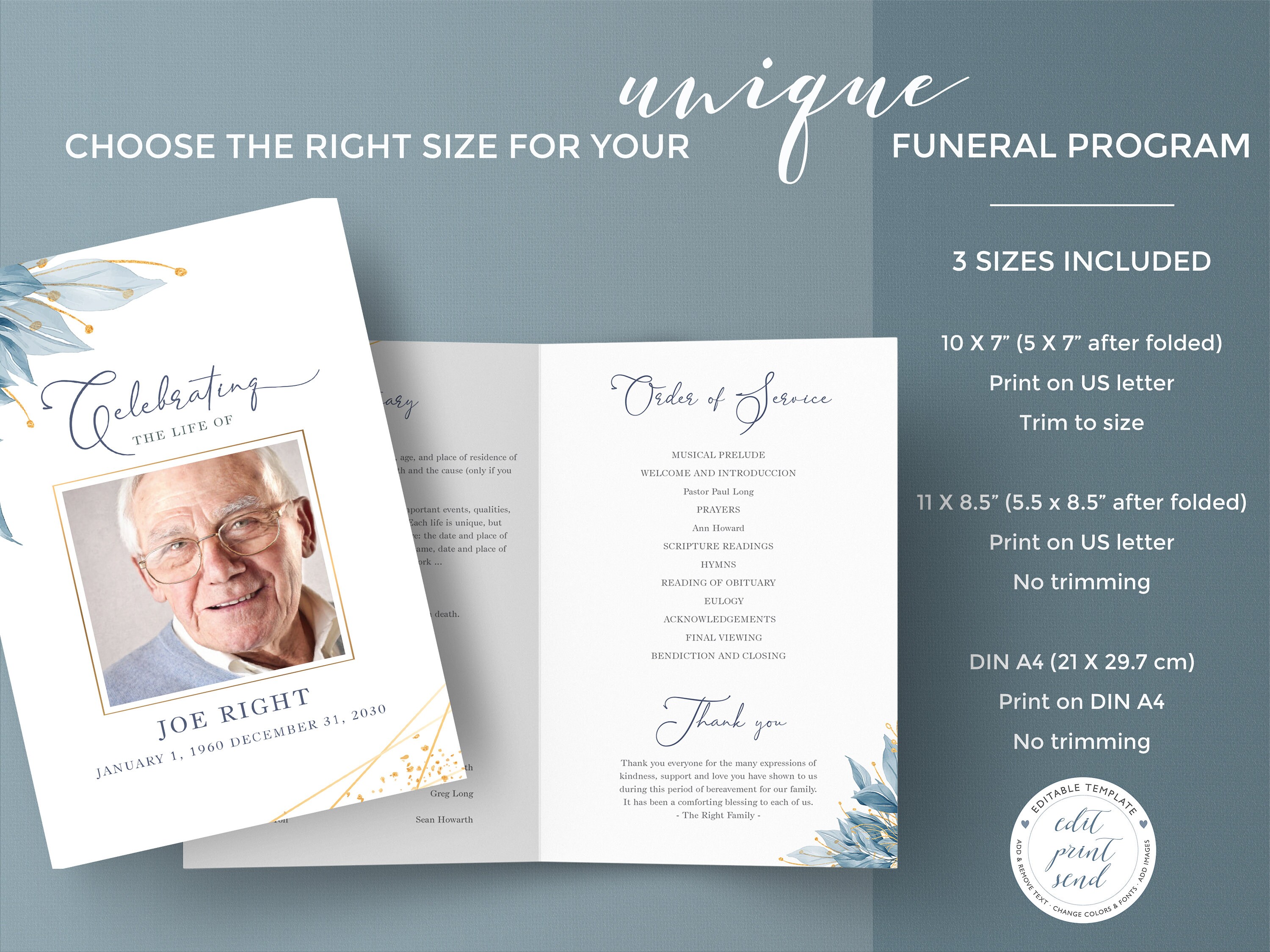 Funeral Program Template for Man, Blue and Gold Memorial Program ...