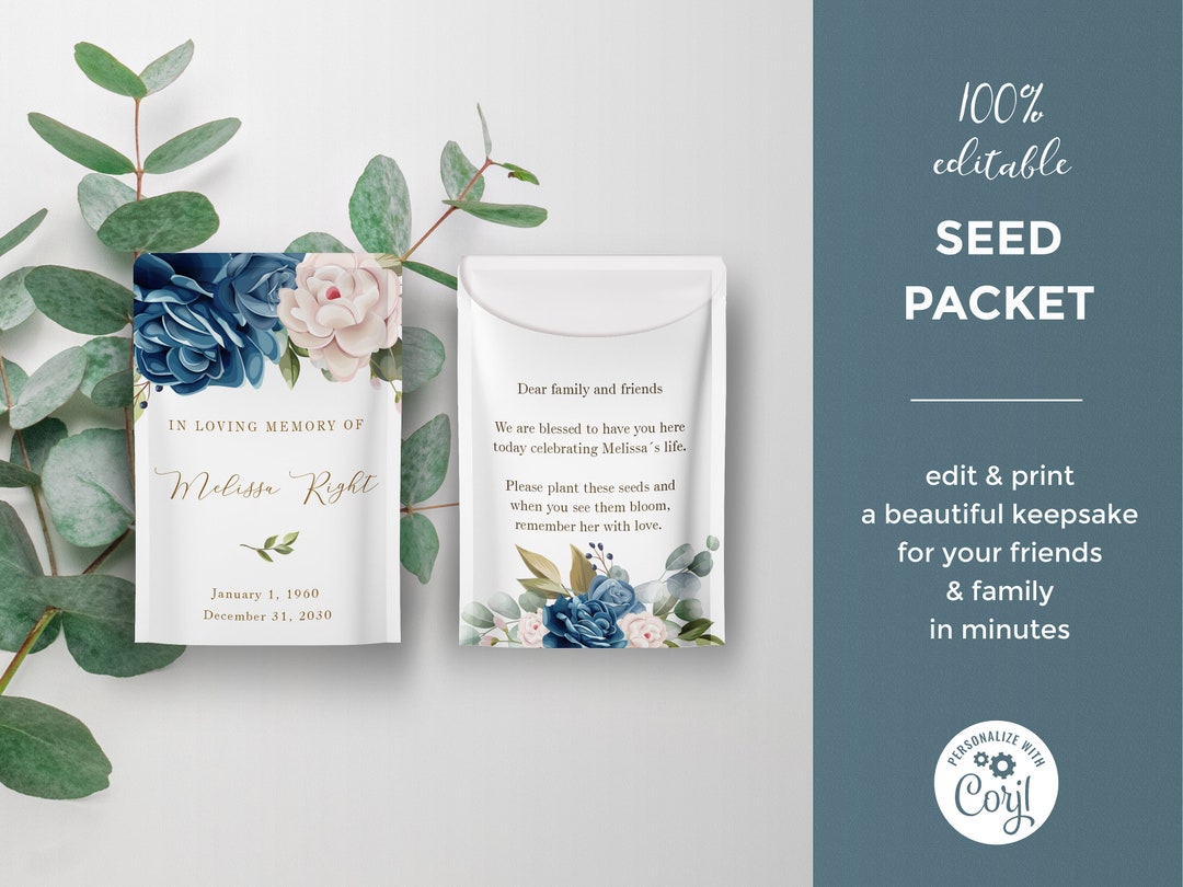 Seed Packet for Funeral With Blue Roses, Memorial Seed Packets Template ...