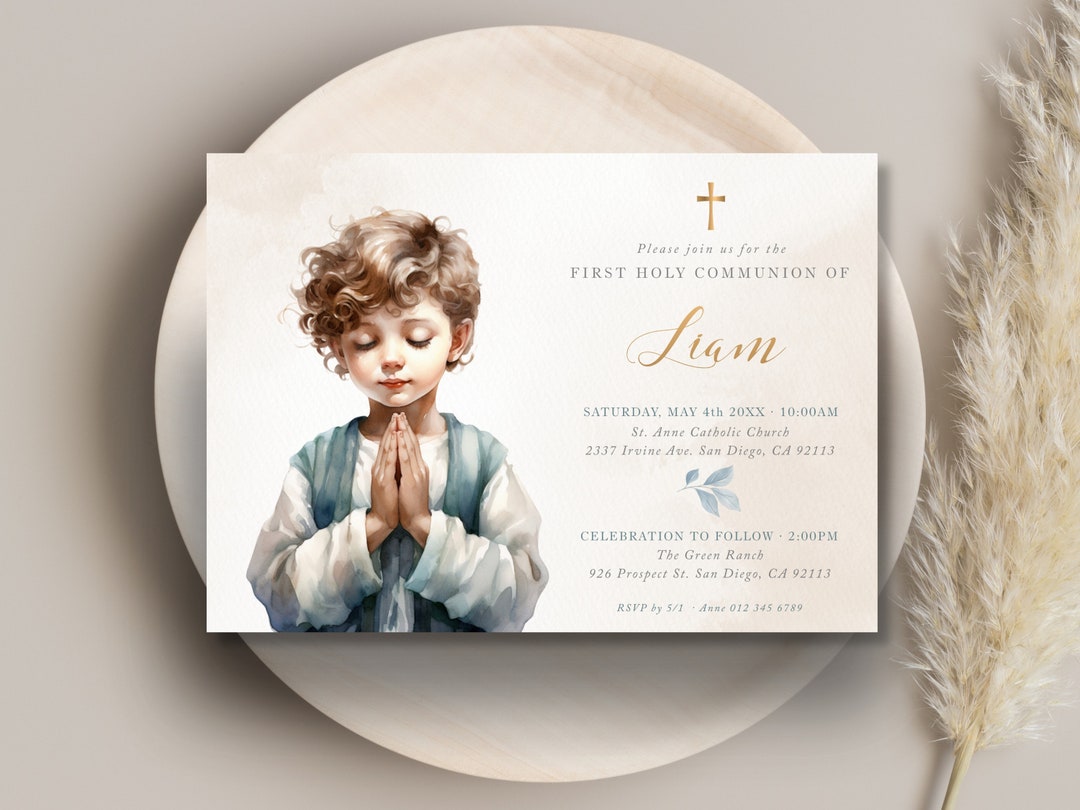 Boy First Holy Communion Illustrated Invitation Template, Boy Praying ...